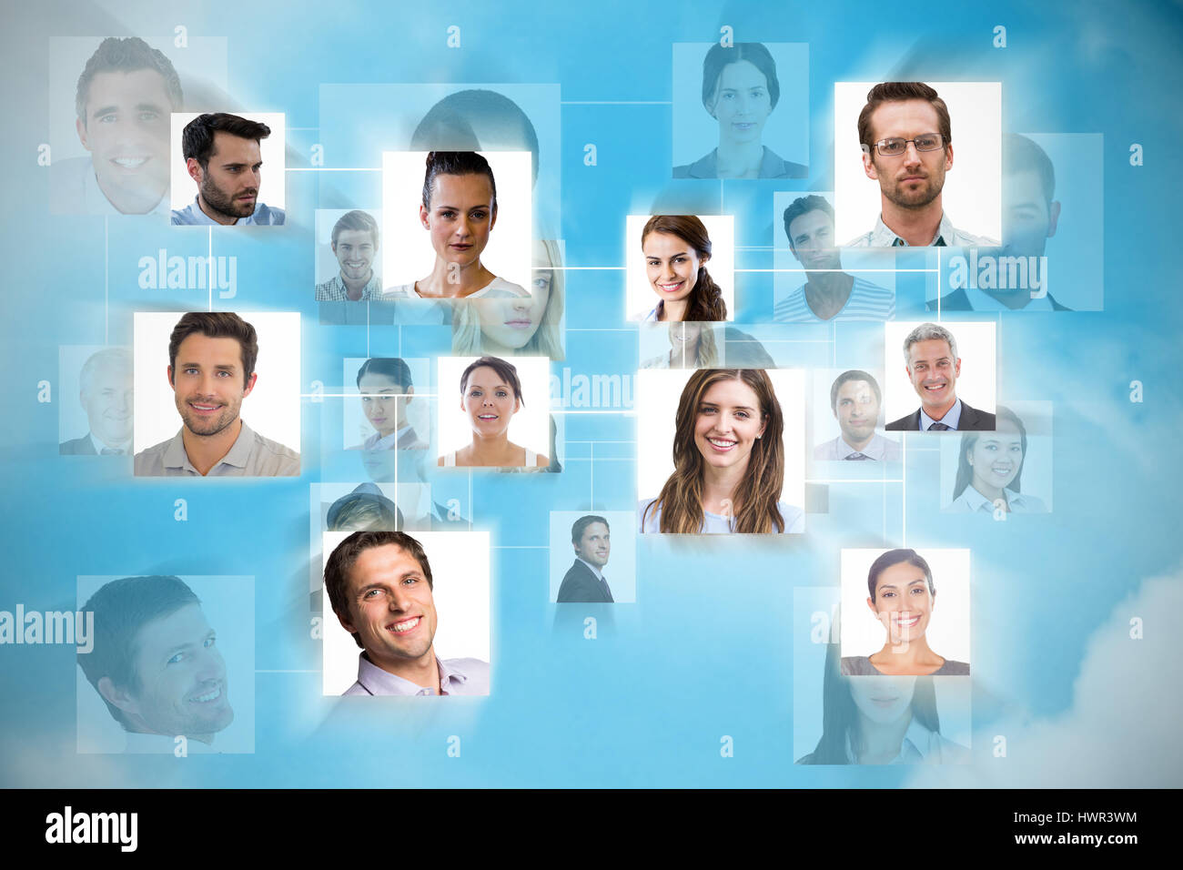 Connection between people against blue background Stock Photo - Alamy