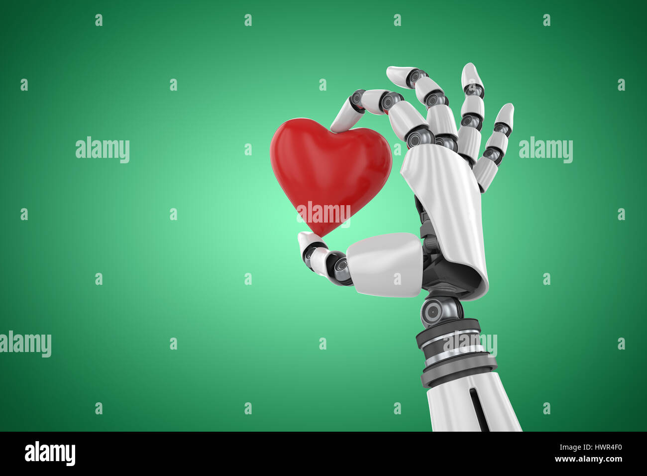 3d image of cyborg holding red heart shape decor against green vignette ...