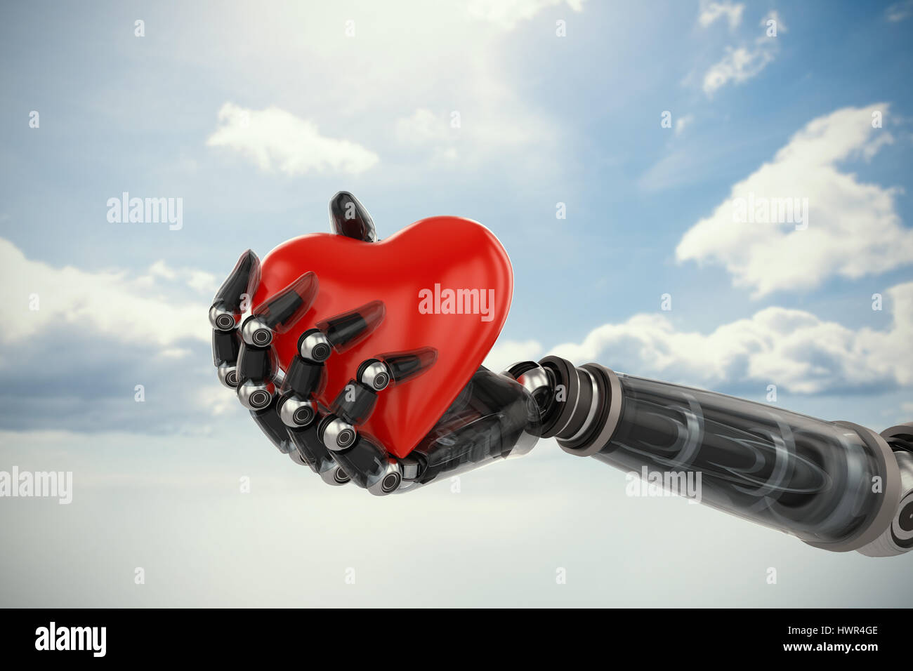 Three dimensional image of cyborg holding red heart shape decoration ...