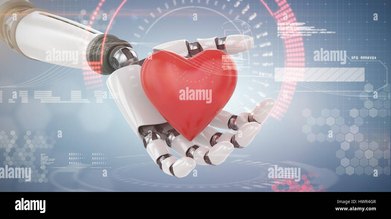 3d image of cyborg holding red heart shape decor against composite ...