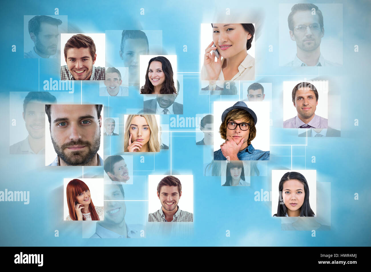 Connection between people against blue background Stock Photo - Alamy
