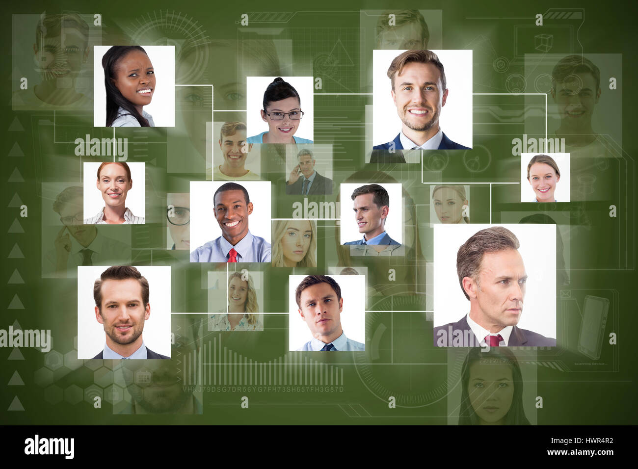 Connection between people against green background Stock Photo - Alamy