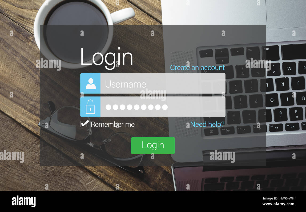 Close-up of login page against overhead view of laptop by black coffee ...