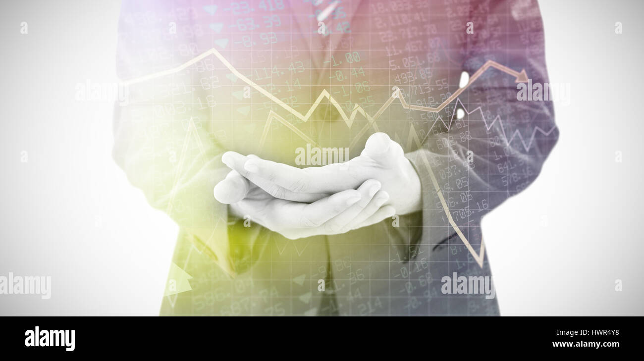 Businessman gesturing against white background against stocks and ...