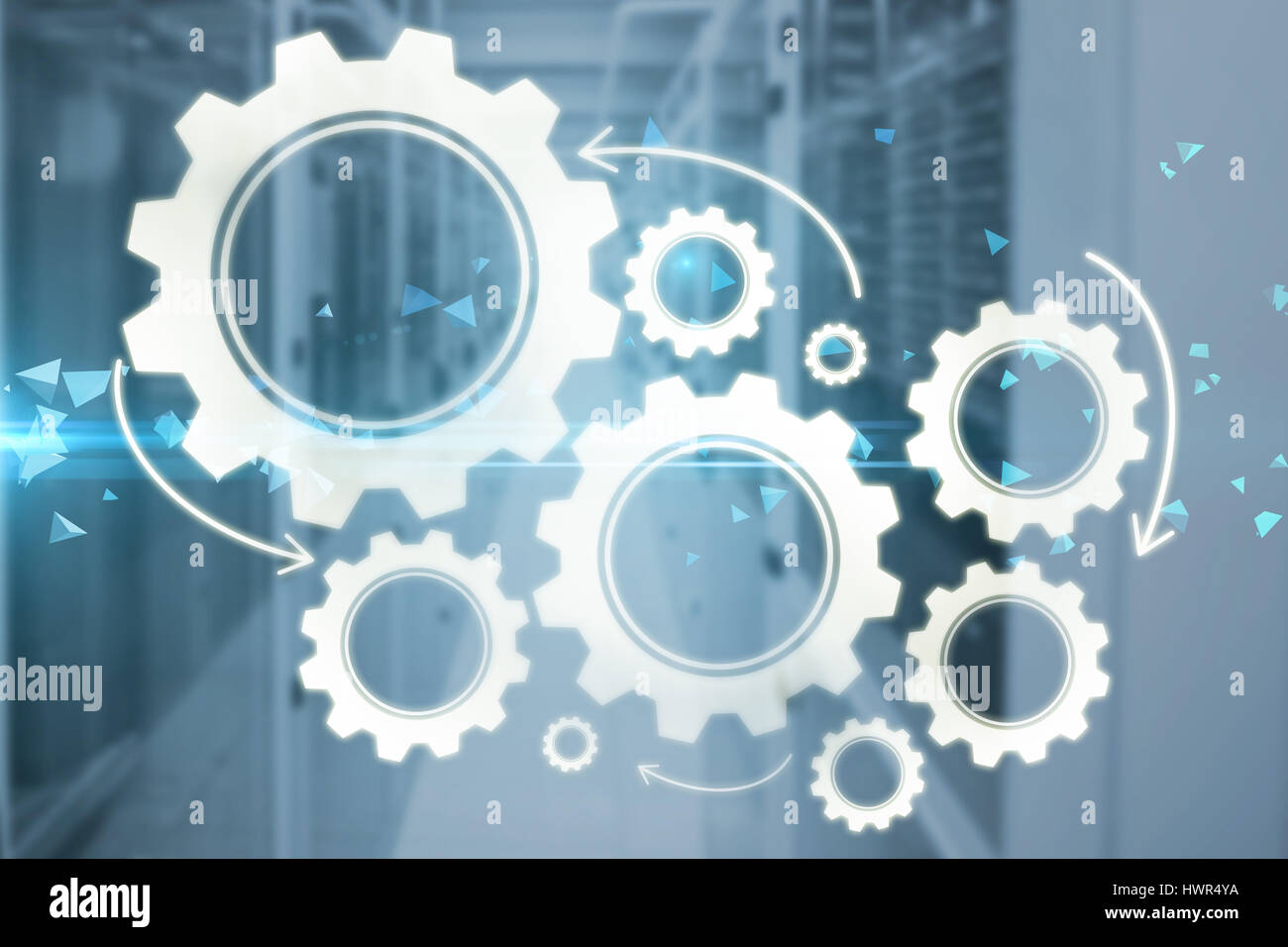 Composite image of gears against technical screen with little pyramids ...