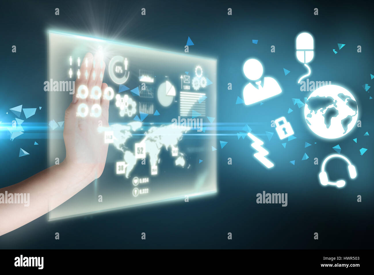 Cropped hand gesturing against technical screen with little pyramids 3d ...