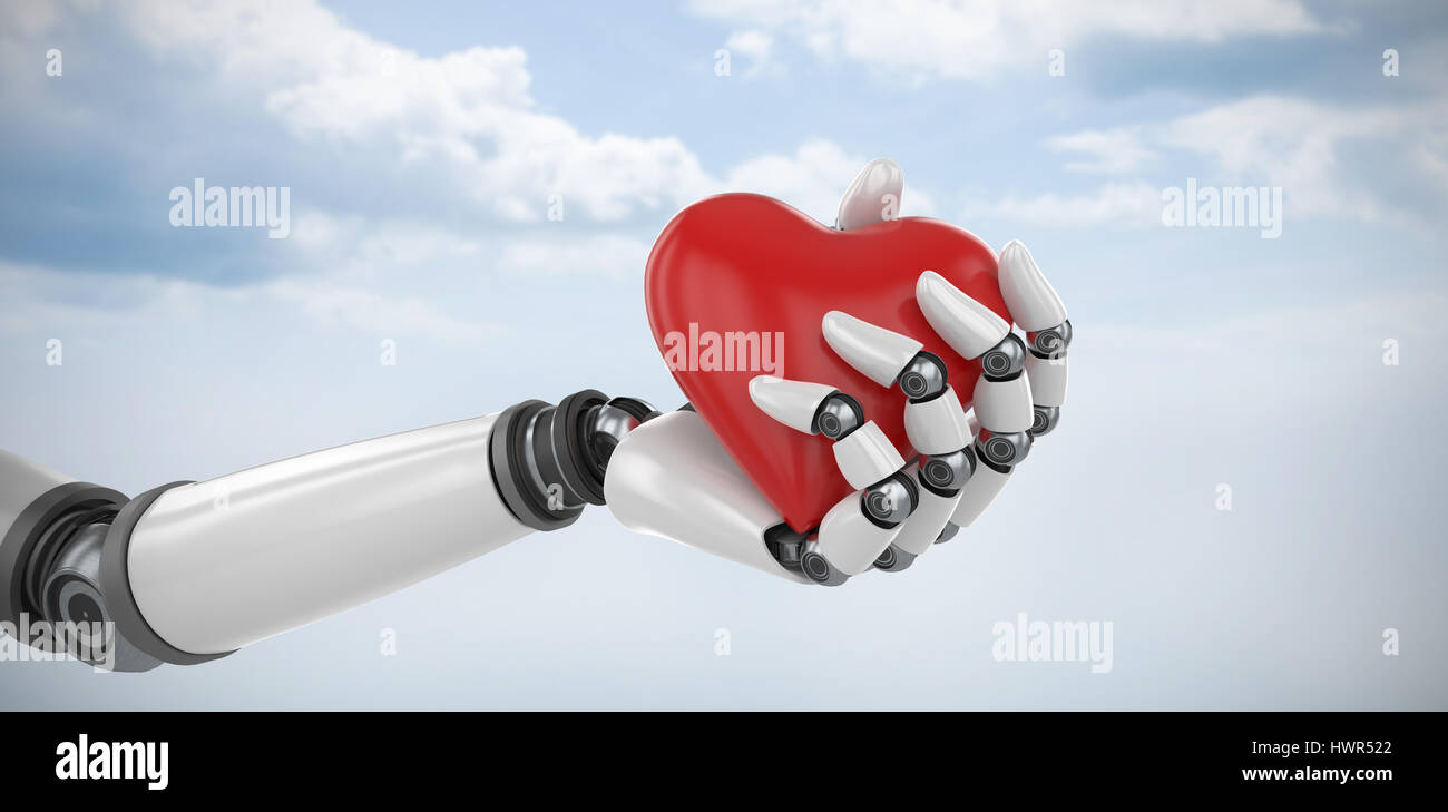 3d image of bionic person holding heart shape decor against blue sky ...