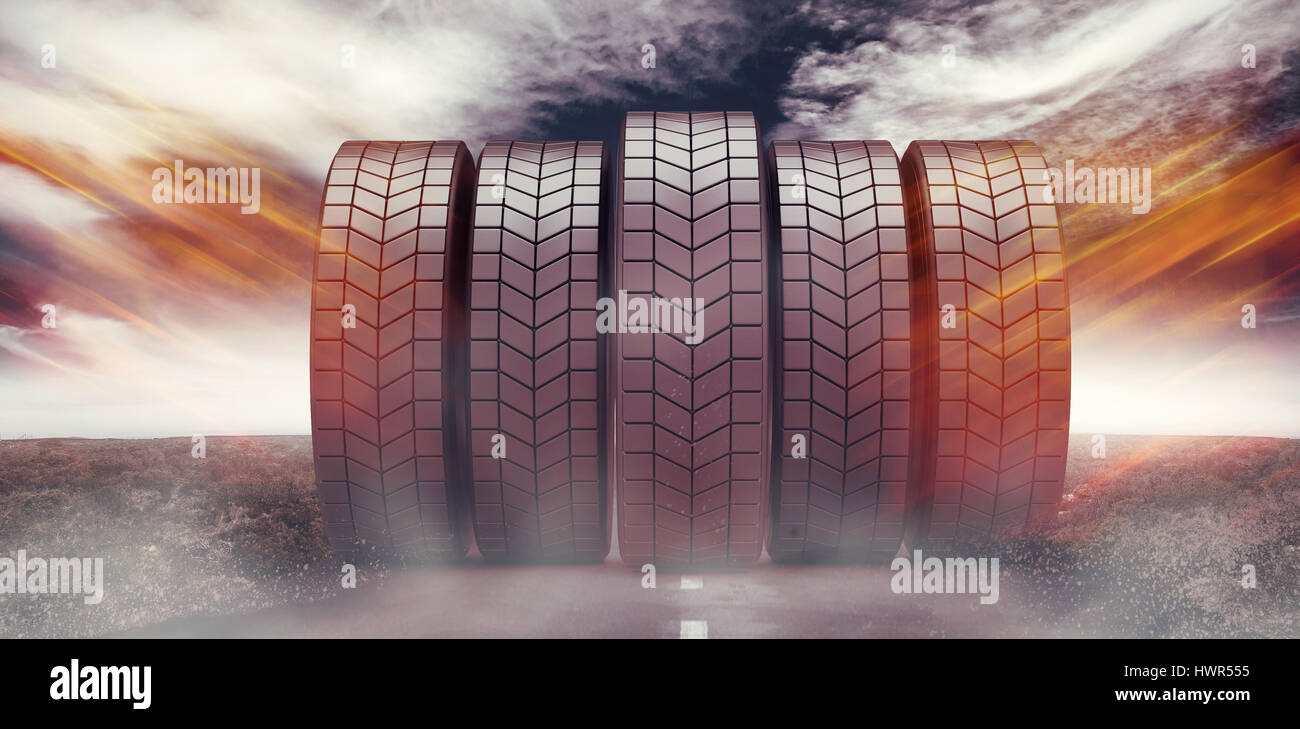 Row of tyres against view of an empty street 3d Stock Photo - Alamy