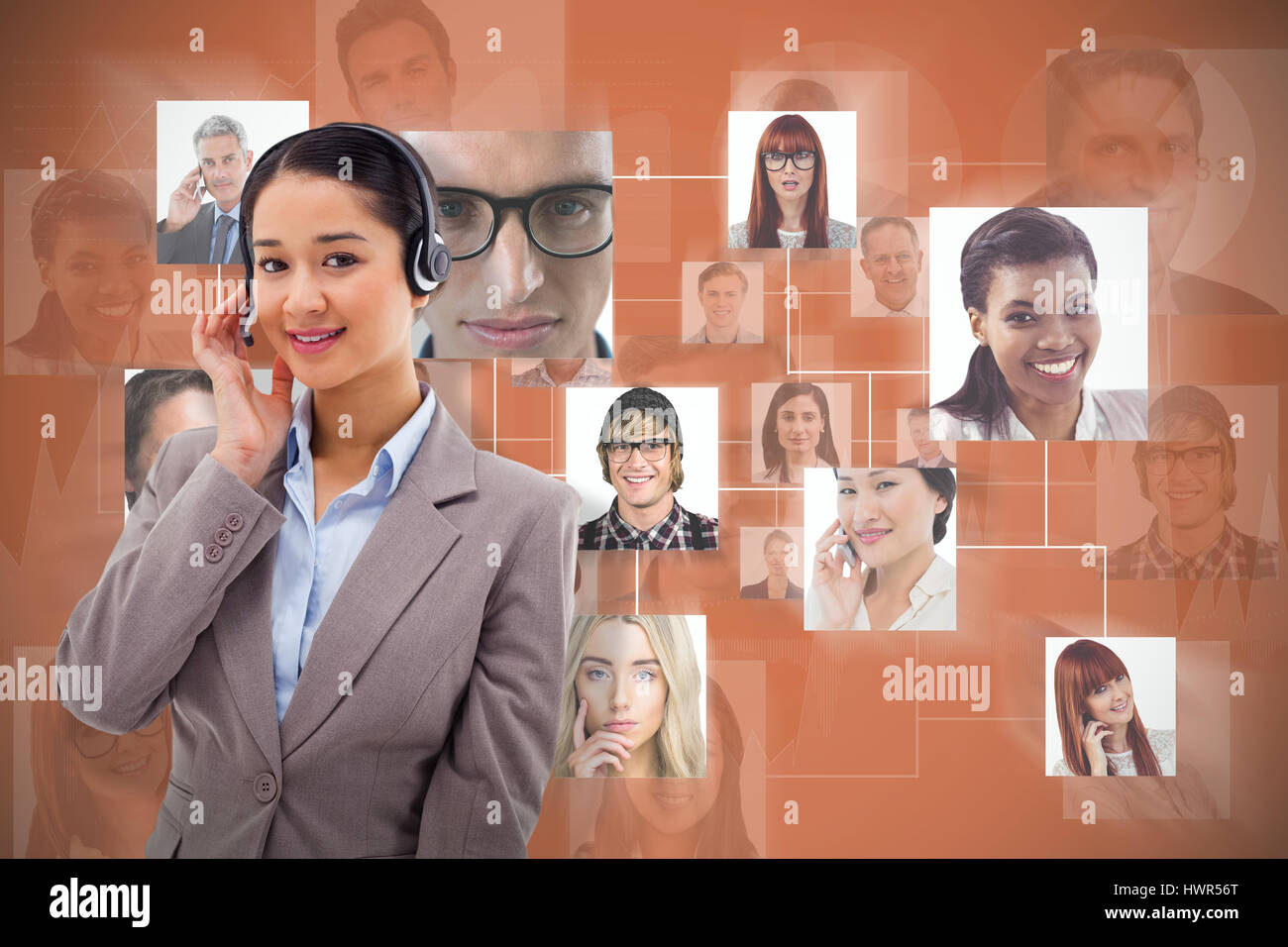 Portrait of a good looking operator posing with a headset against ...