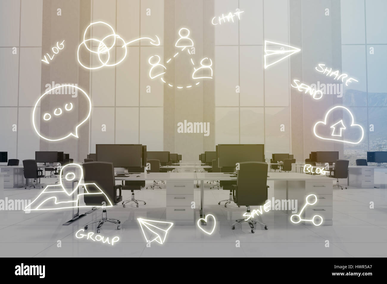 Digitally generated image of computer symbols against office furniture ...