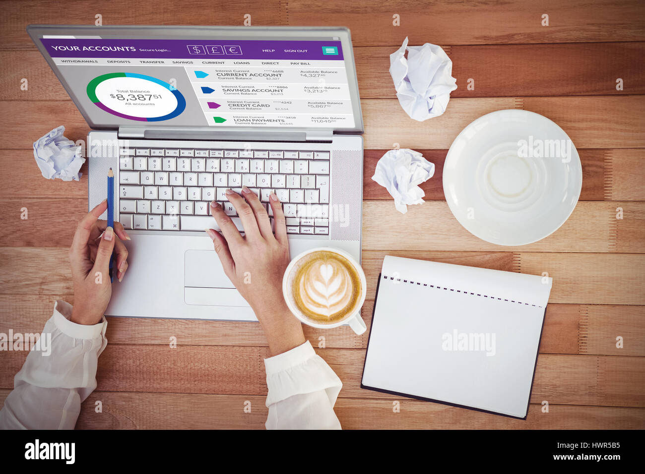 Graphic image of bank account web site against cropped image of woman ...