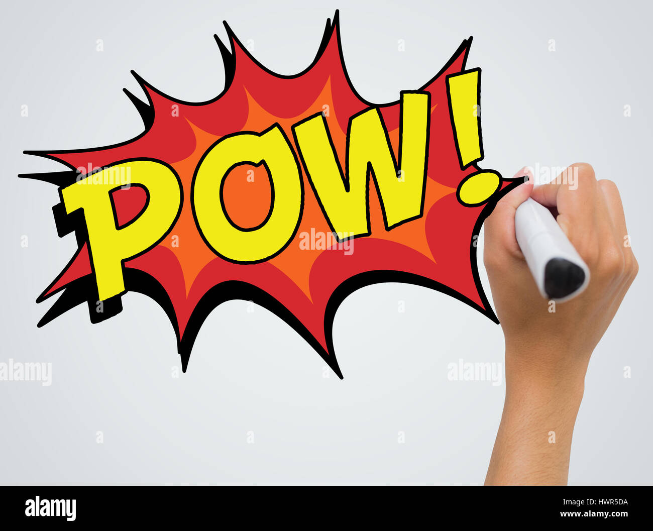 The word pow against female hand writing with marker Stock Photo - Alamy