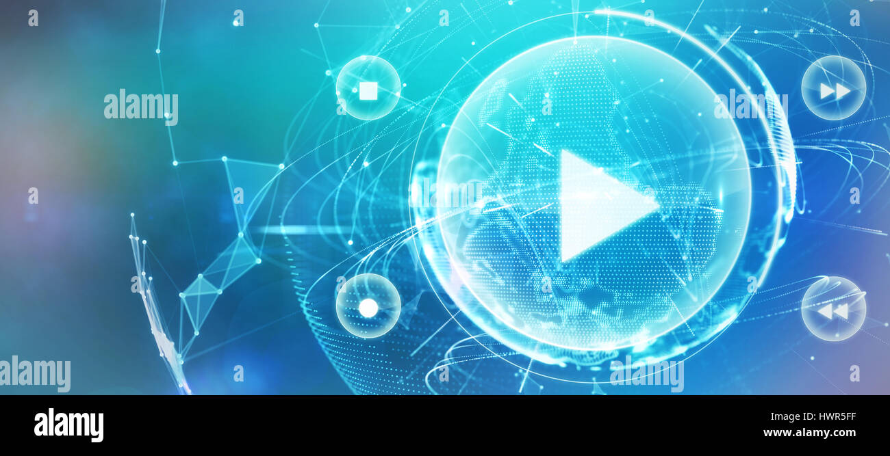 Music player interface against global technology background in purple ...