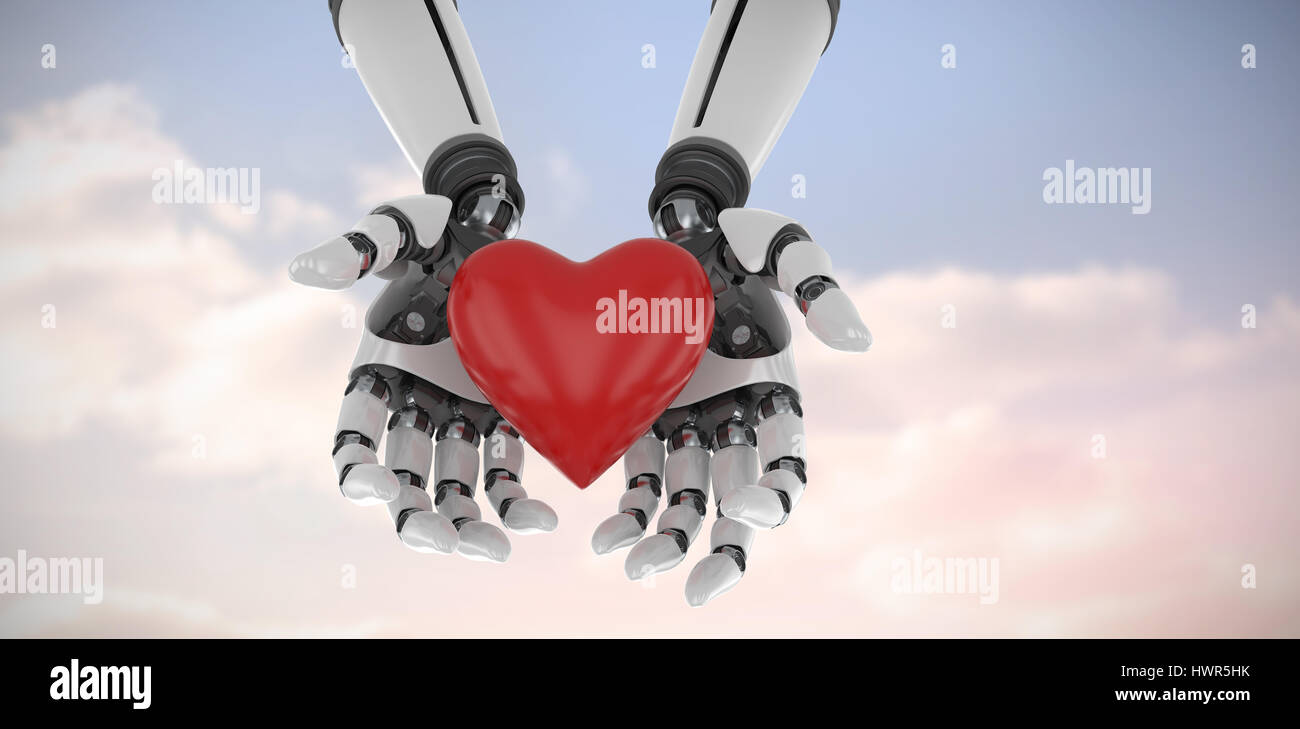 3d image of cyborg holding heart shape decor against colored sky with ...