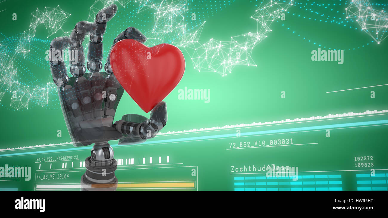 3d image of cyborg holding heard shape against genes diagram on white ...