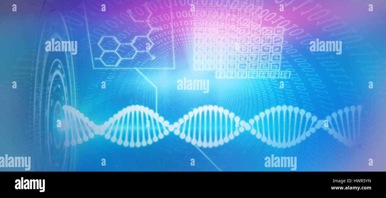 DNA helix interface against spiral of shiny binary code Stock Photo - Alamy