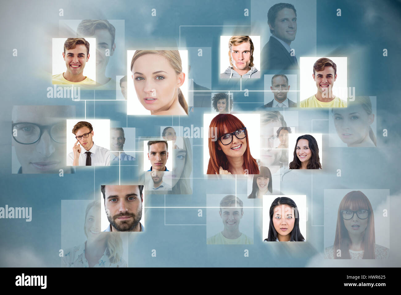 Connection between people against dark blue background Stock Photo - Alamy