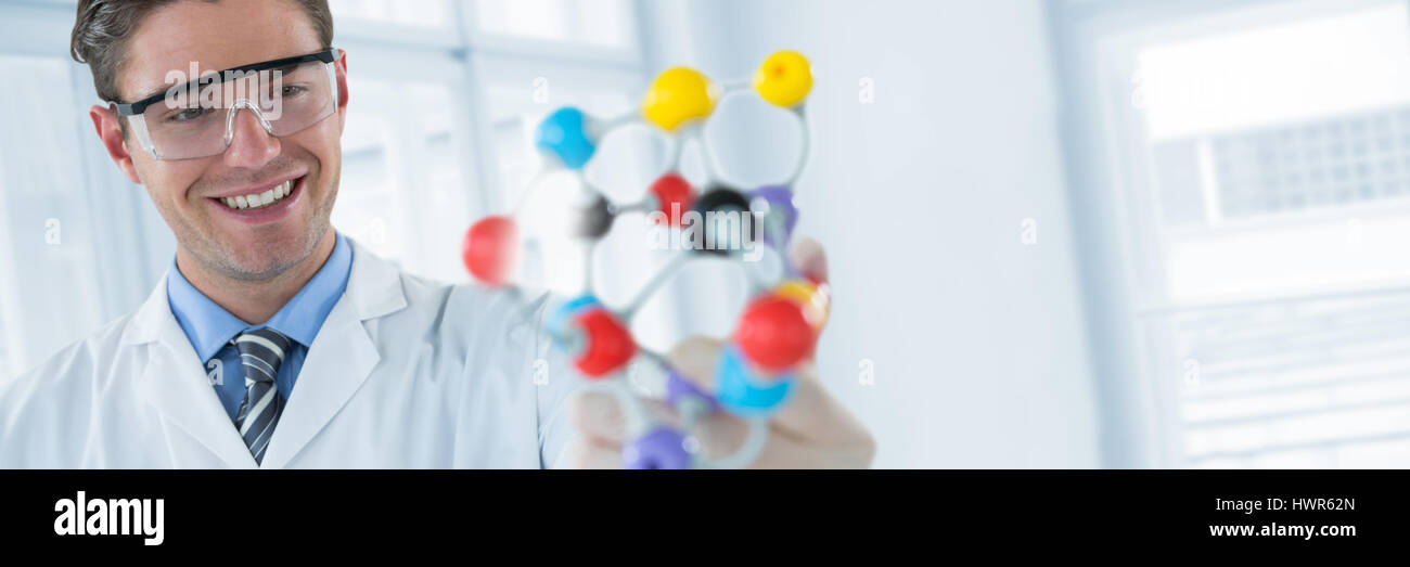 Happy scientist experimenting molecule structure against digital ...