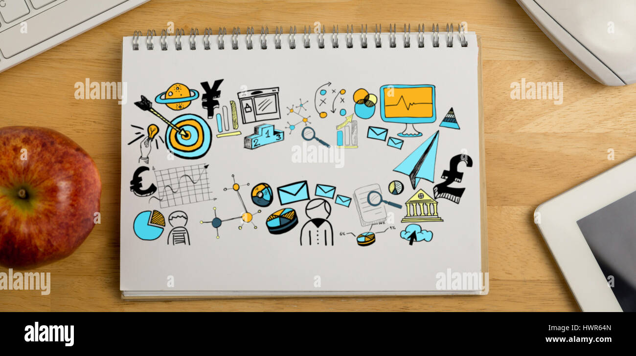 Digitally generated image of business computer icons against overhead ...