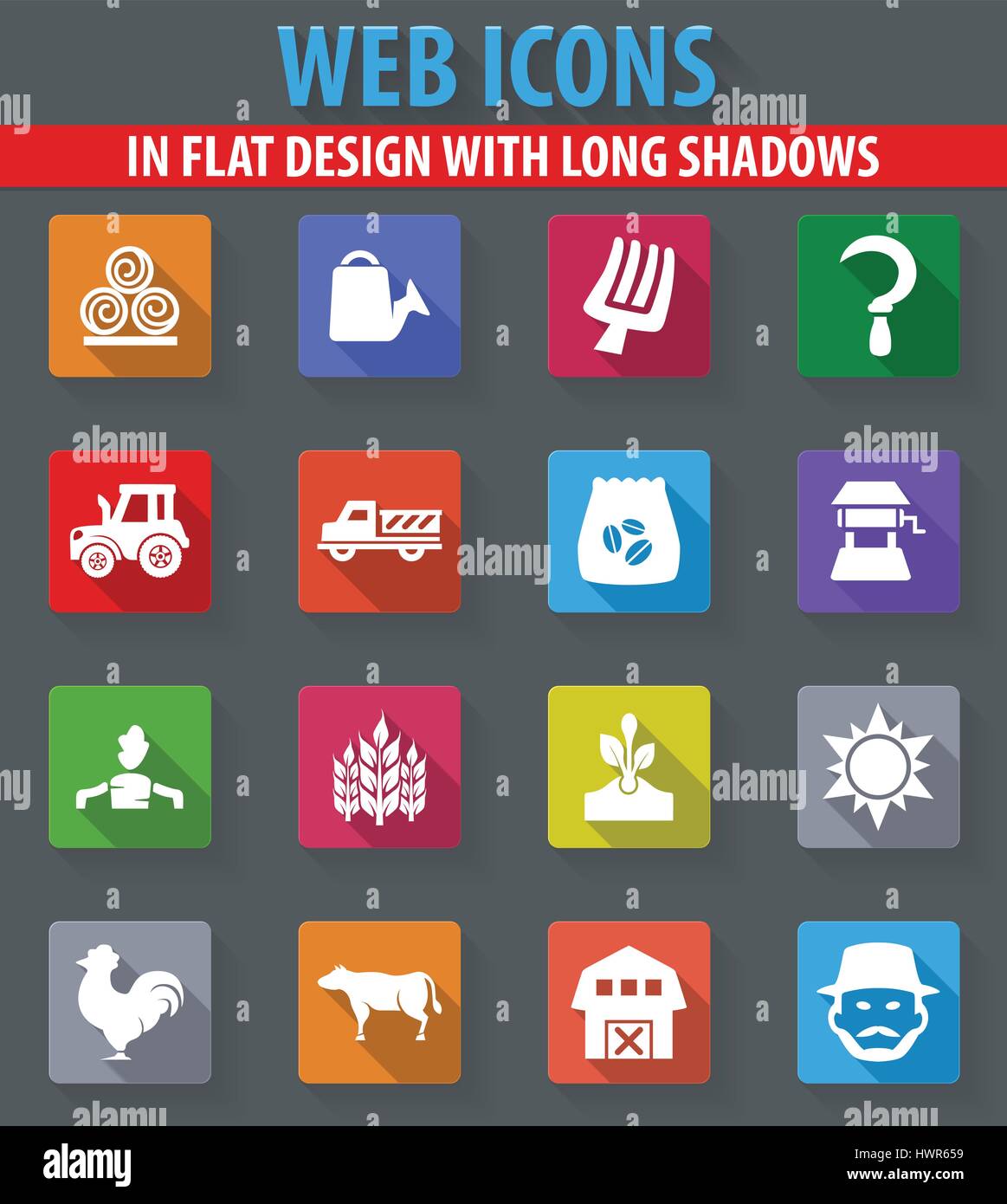 Agriculture and farming web icons in flat design with long shadows ...