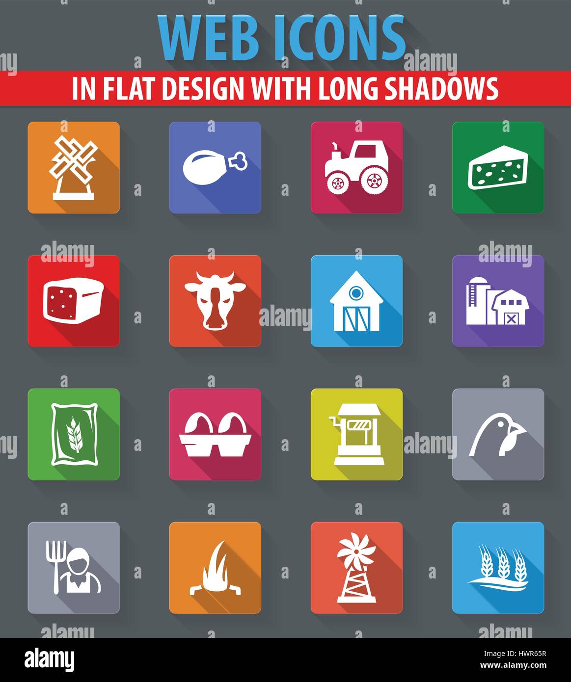 Agriculture and farming web icons in flat design with long shadows ...