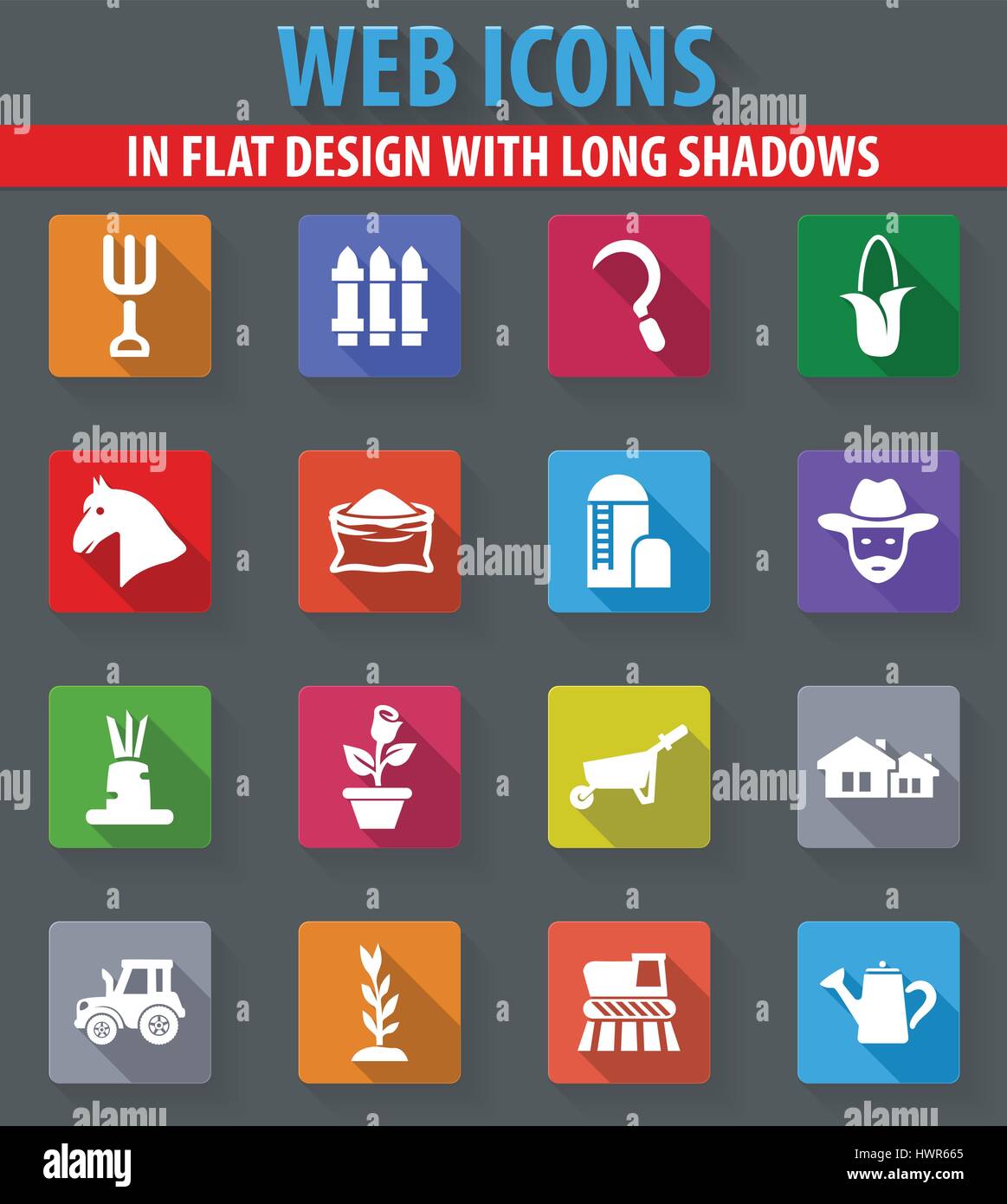 Agricultural web icons in flat design with long shadows Stock Vector ...