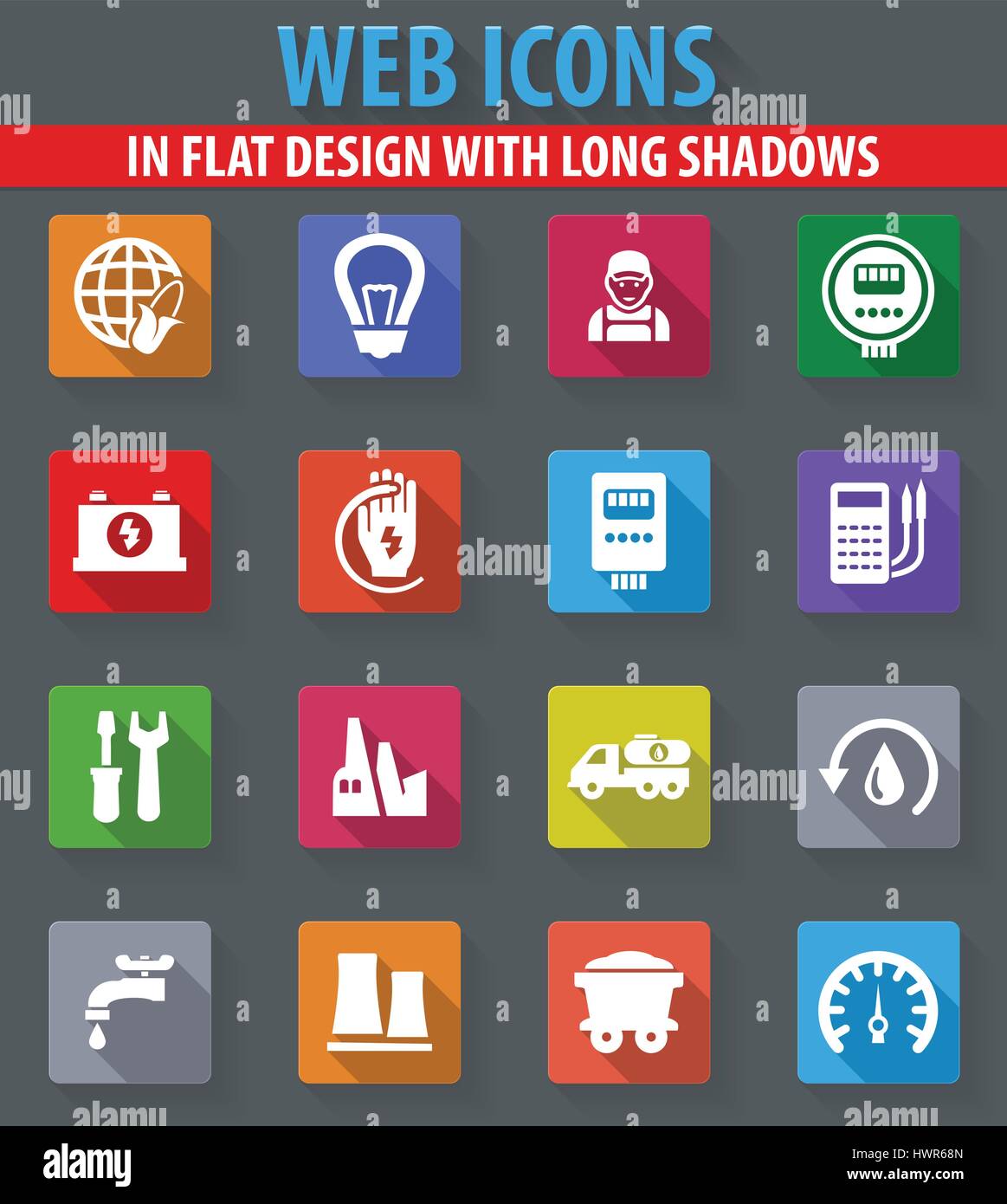 Alternative energy web icons in flat design with long shadows Stock ...