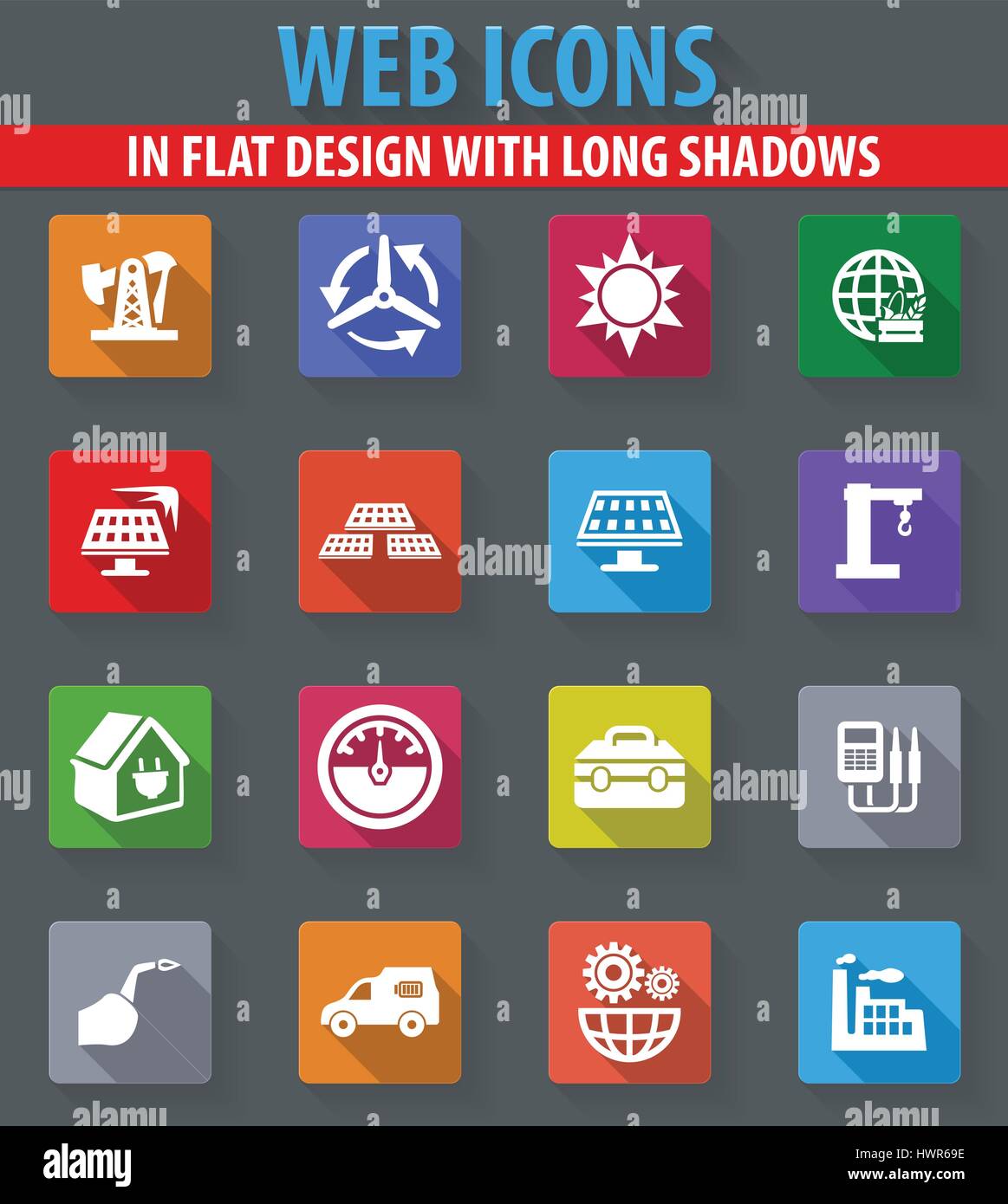 Alternative energy web icons in flat design with long shadows Stock ...