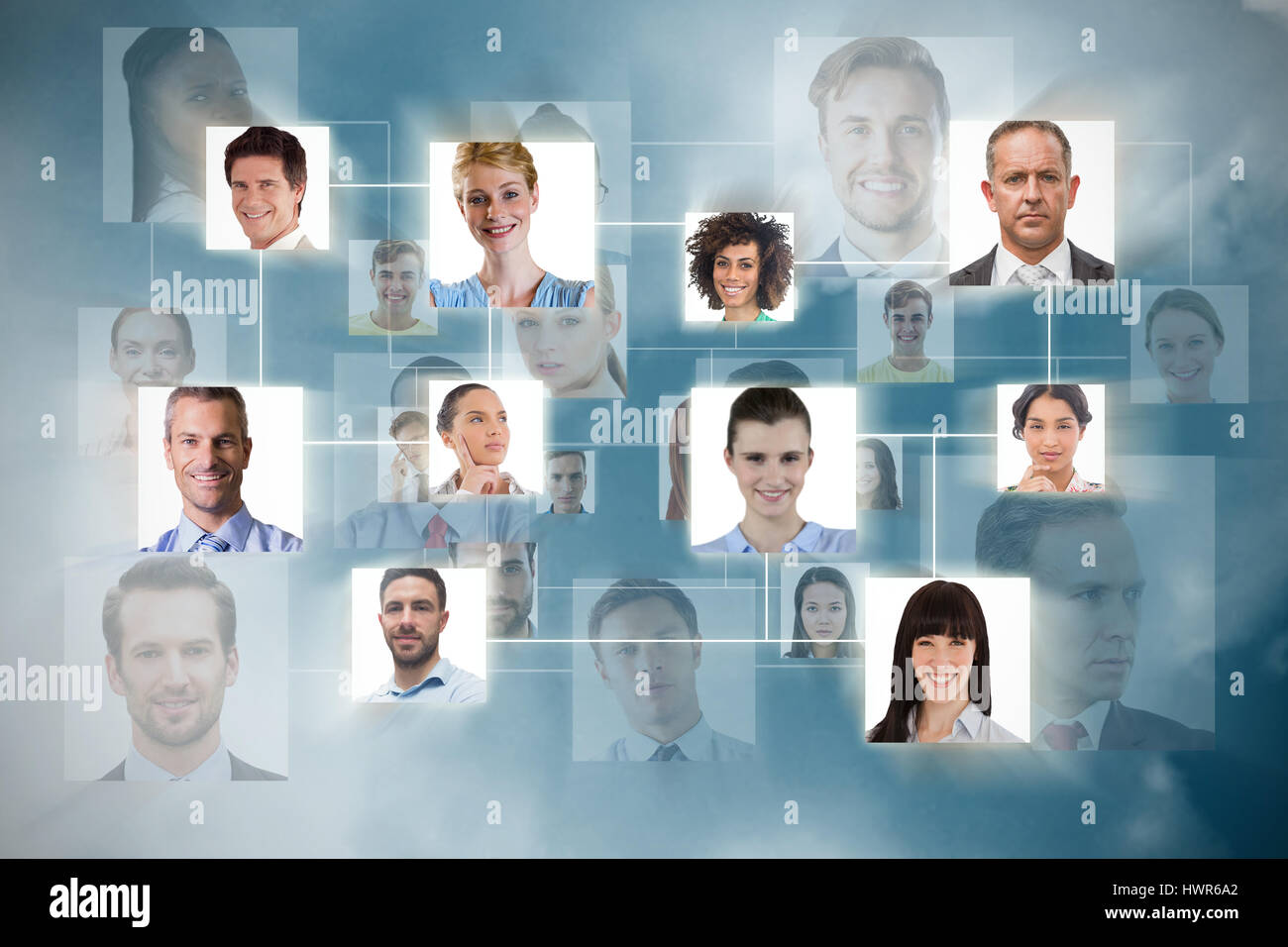 Connection between people against dark blue background Stock Photo - Alamy