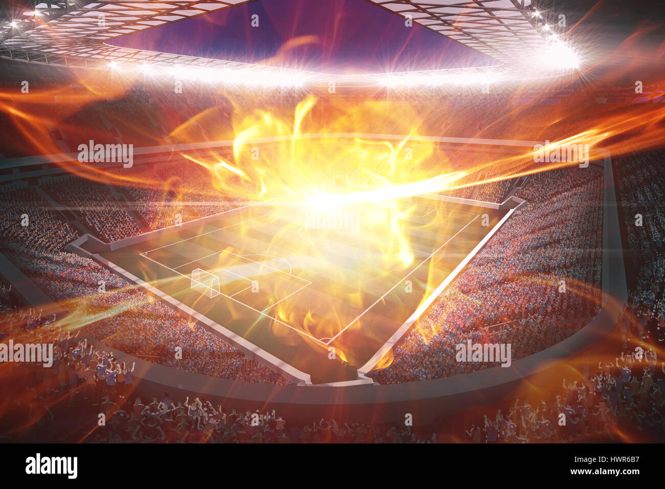 Ball of fire against large football stadium with lights 3d Stock Photo ...