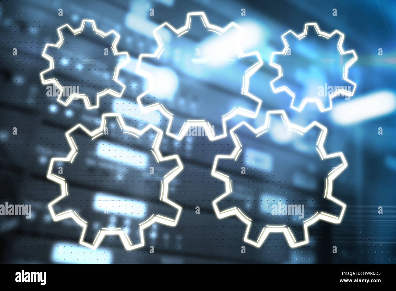 Digital image of gears against technical screen with pixels 3d Stock ...