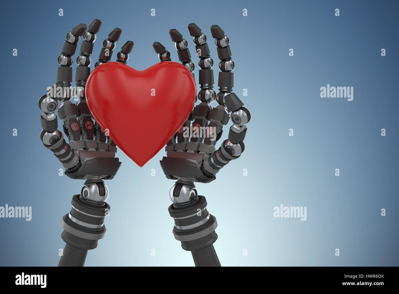 Three dimensional image of robot hand holding red heard shape against ...