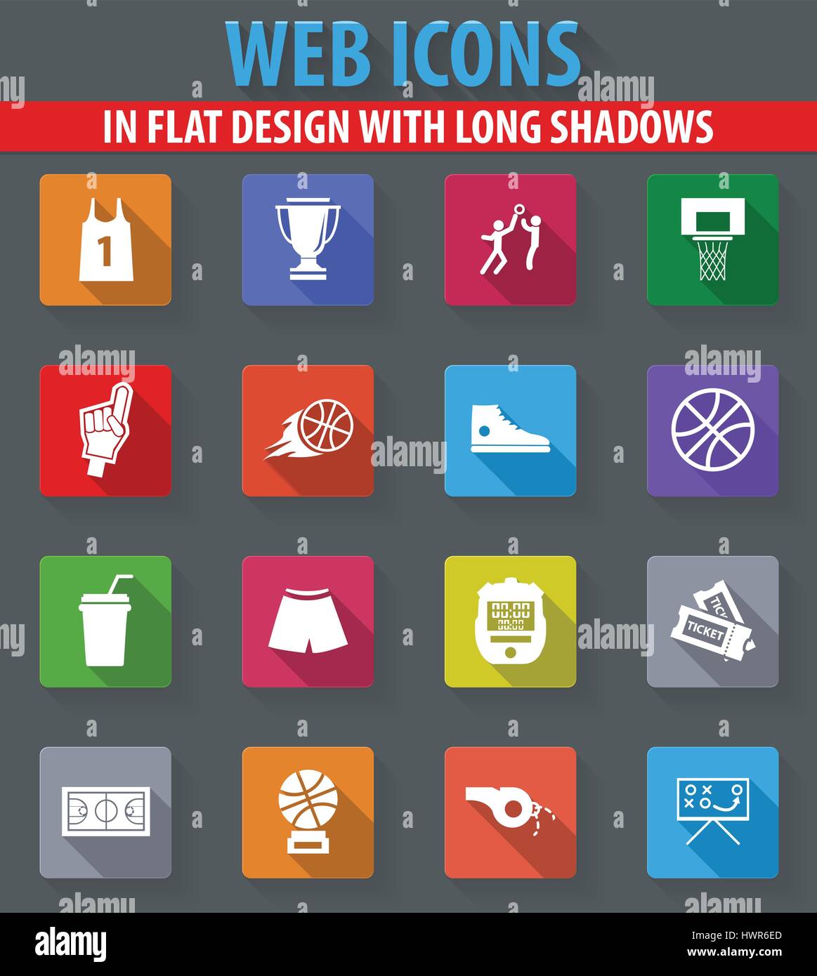 Basketball web icons in flat design with long shadows Stock Vector ...