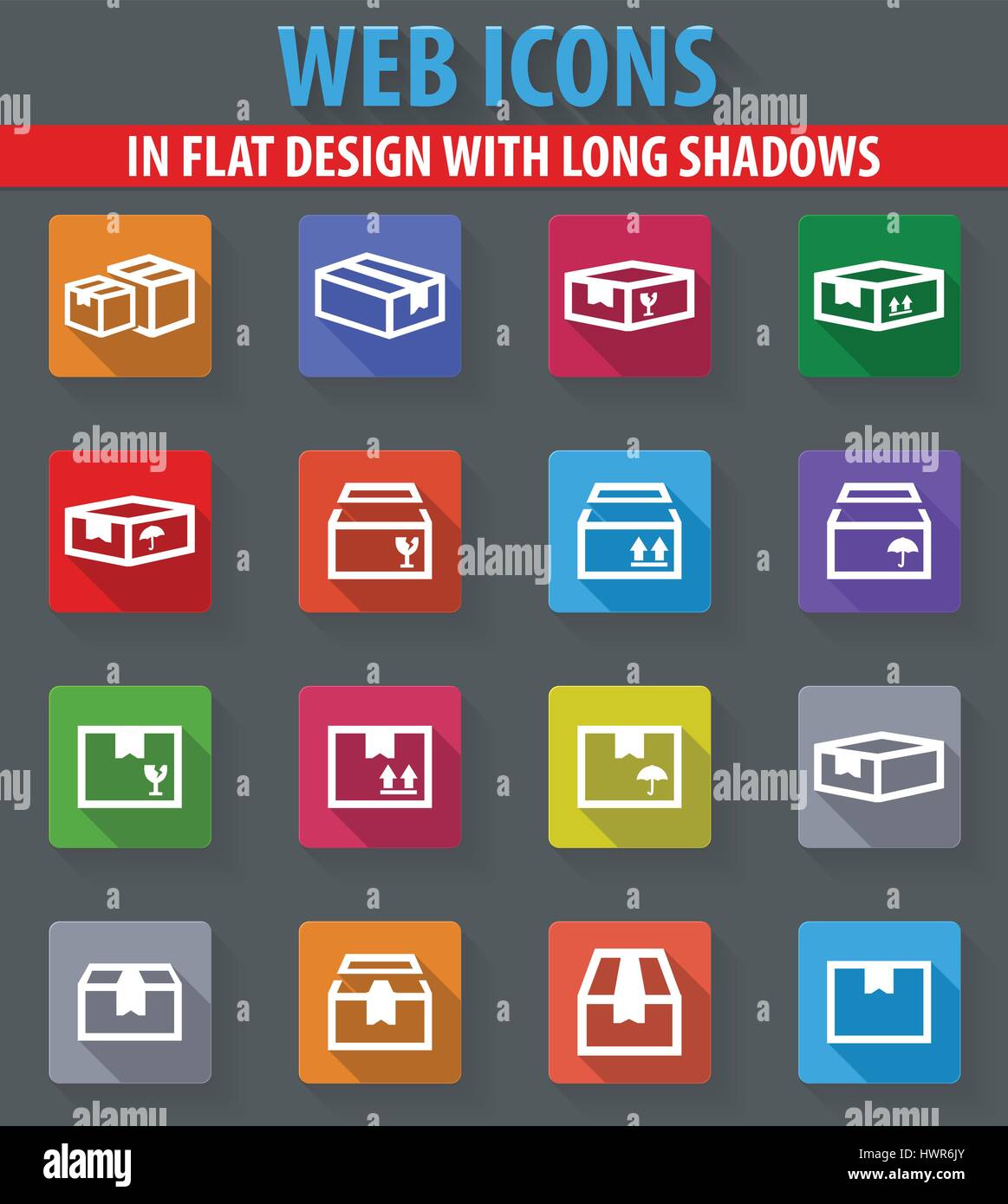 Simple set of box web icons in flat design with long shadows Stock ...