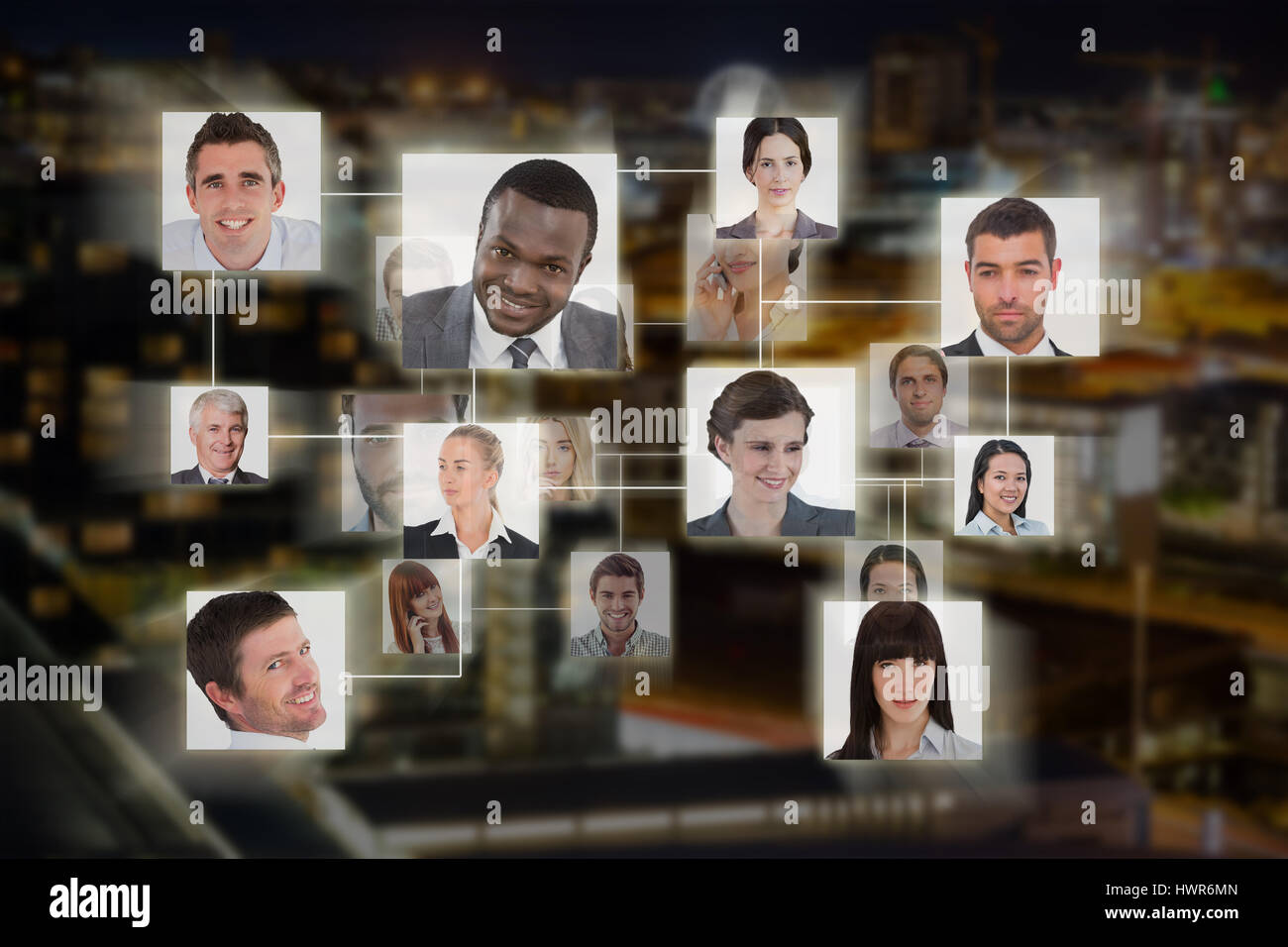 Connection between people against illuminated beautiful buildings in ...