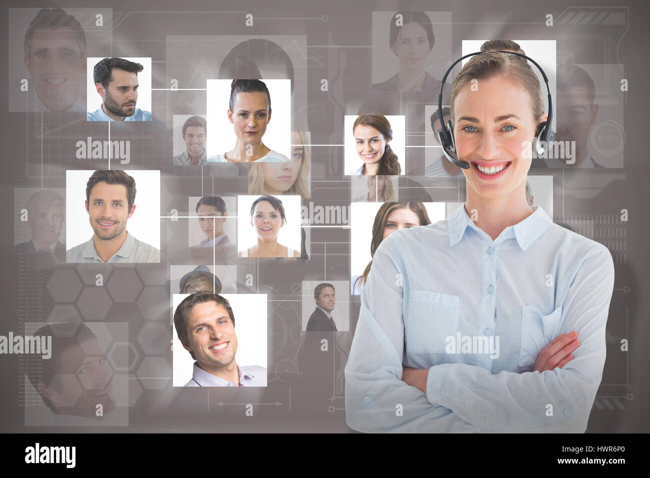 Portrait of a call center executive against brown background Stock ...