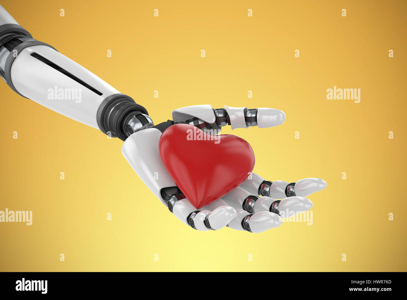 3d image of bionic person holding red heart shape decor against yellow ...