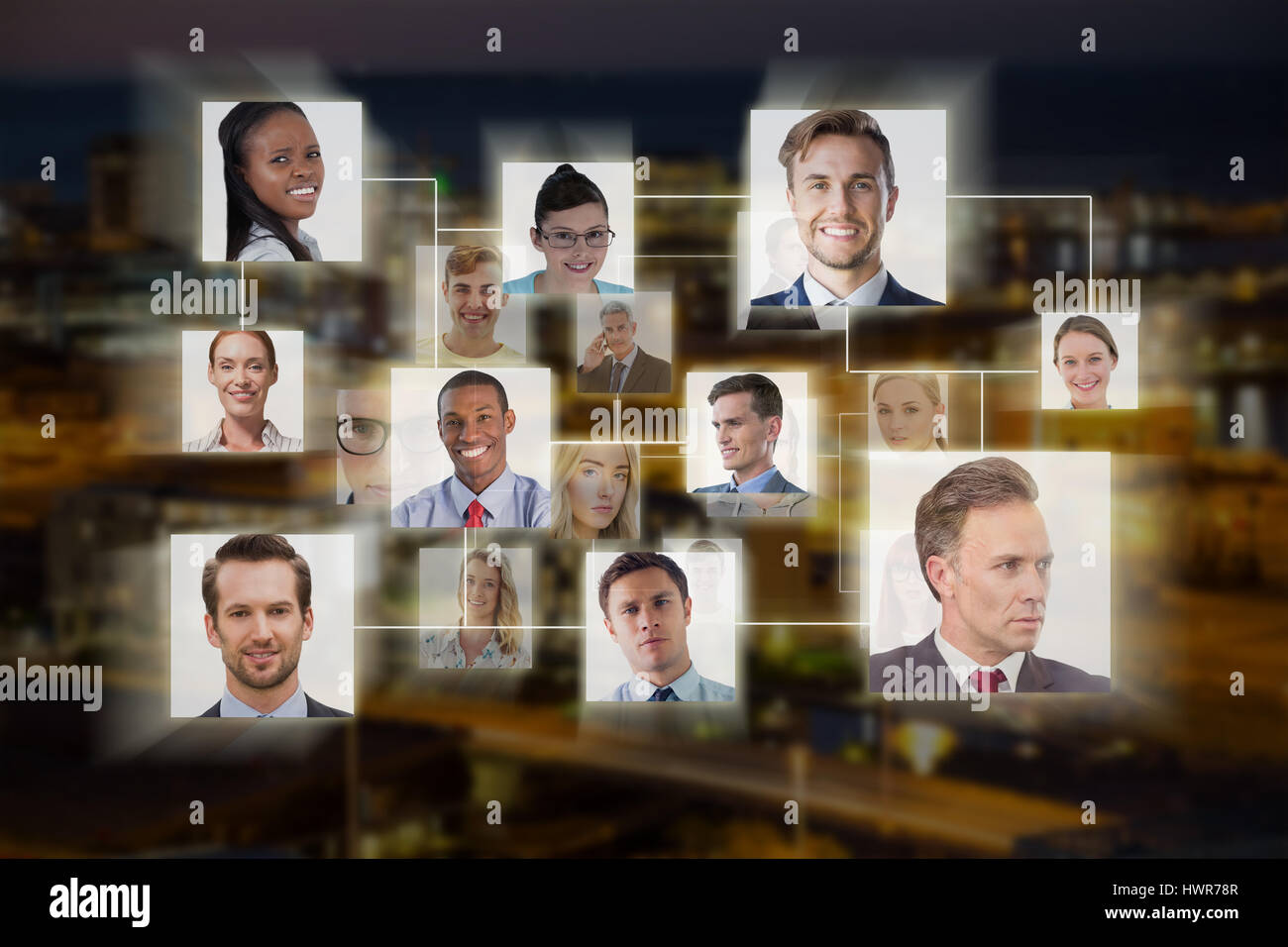 Connection between people against illuminated buildings in city Stock ...