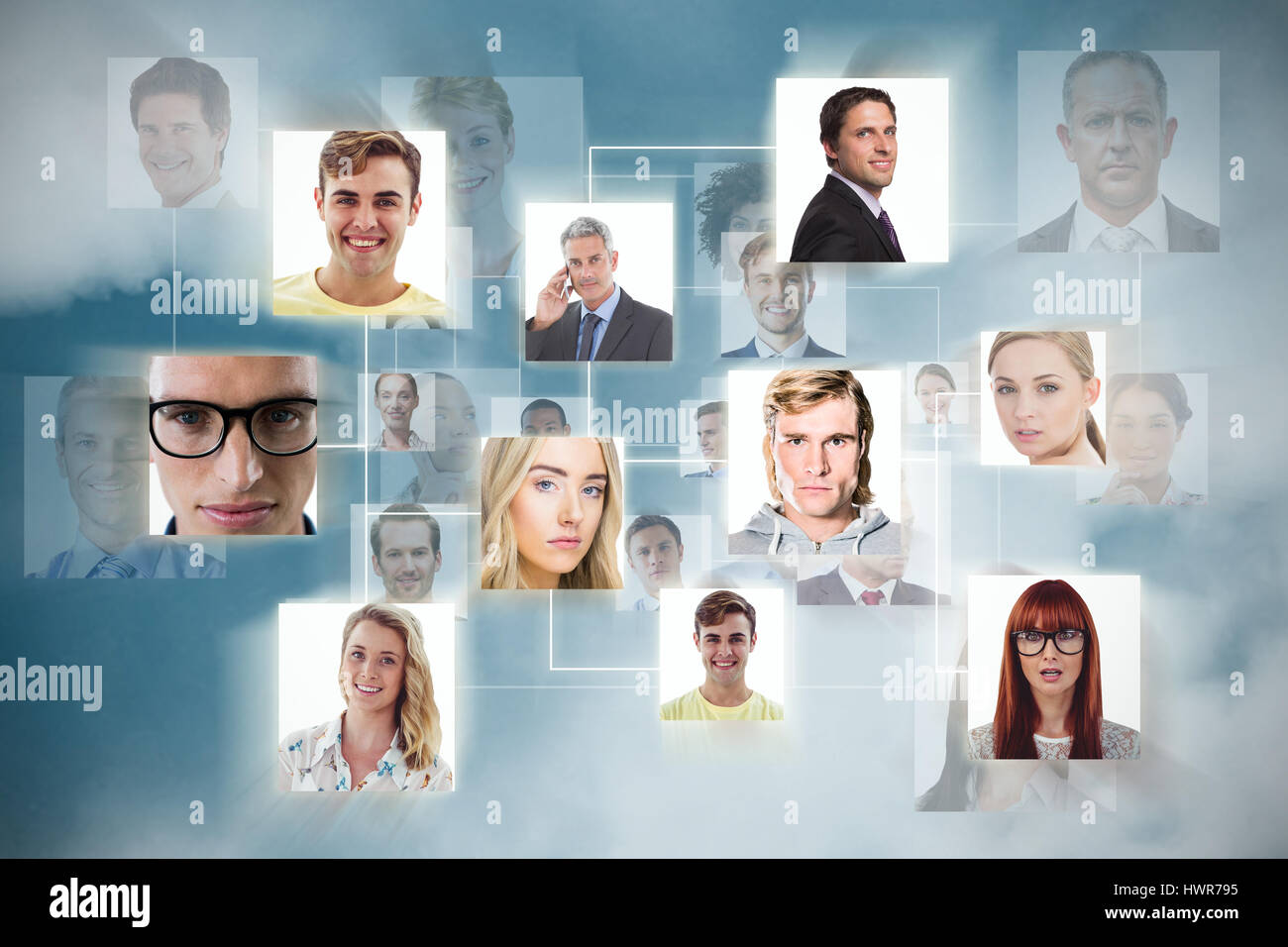 Composite image of headshots against dark blue background Stock Photo ...