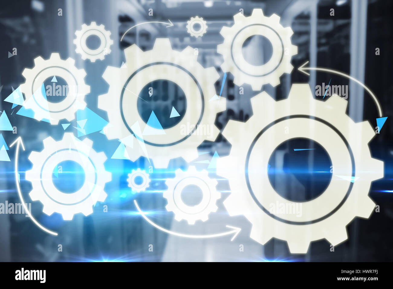 Digital composite image of gears against small pyramids on technical ...