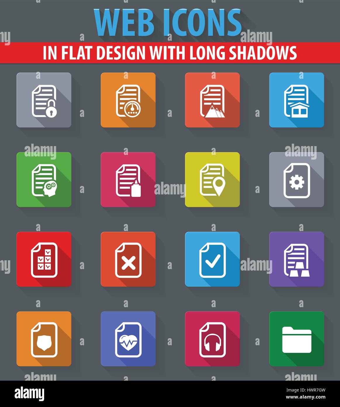 Documents web icons in flat design with long shadows Stock Vector Image ...