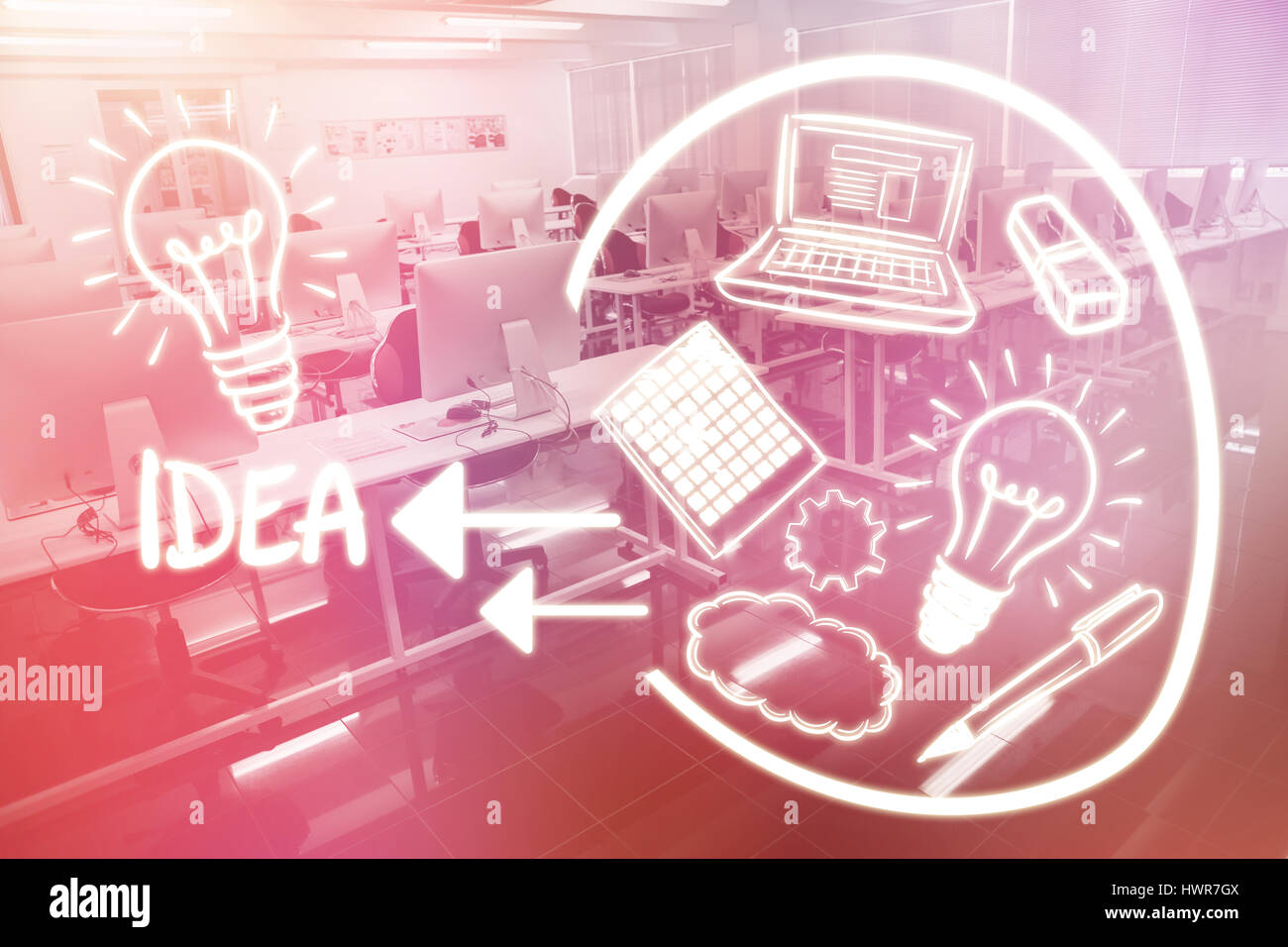 Composite image of light bulb with computer icons against empty ...