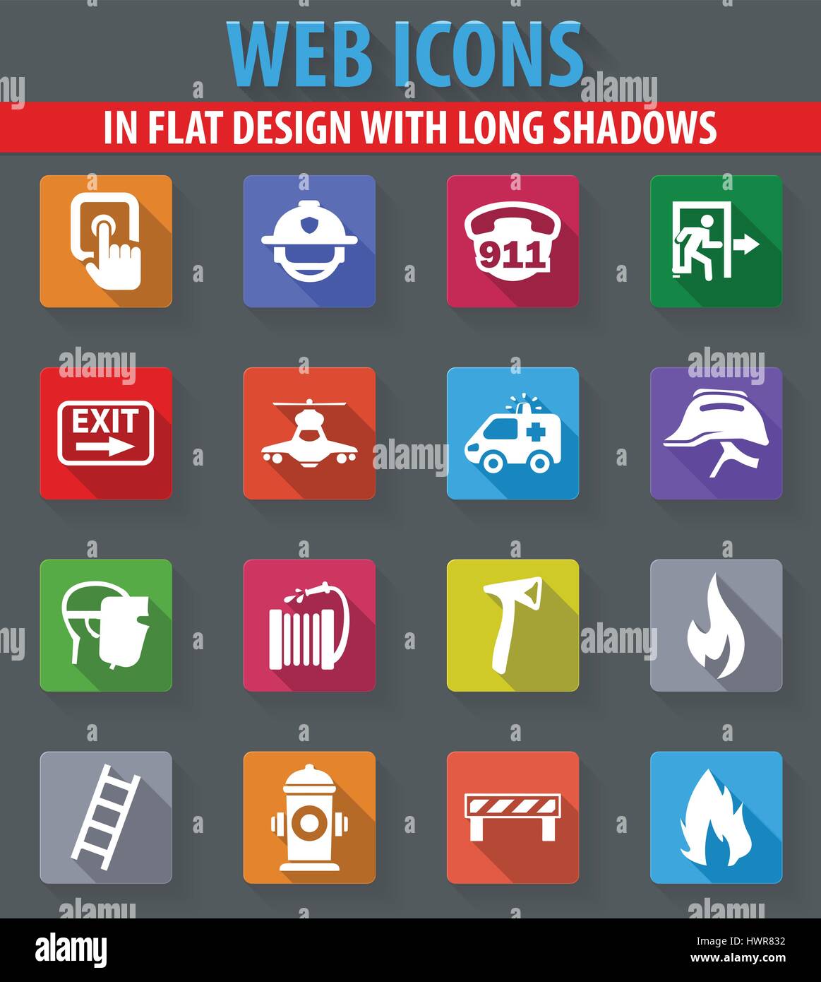 Emergency web icons in flat design with long shadows Stock Vector Image ...