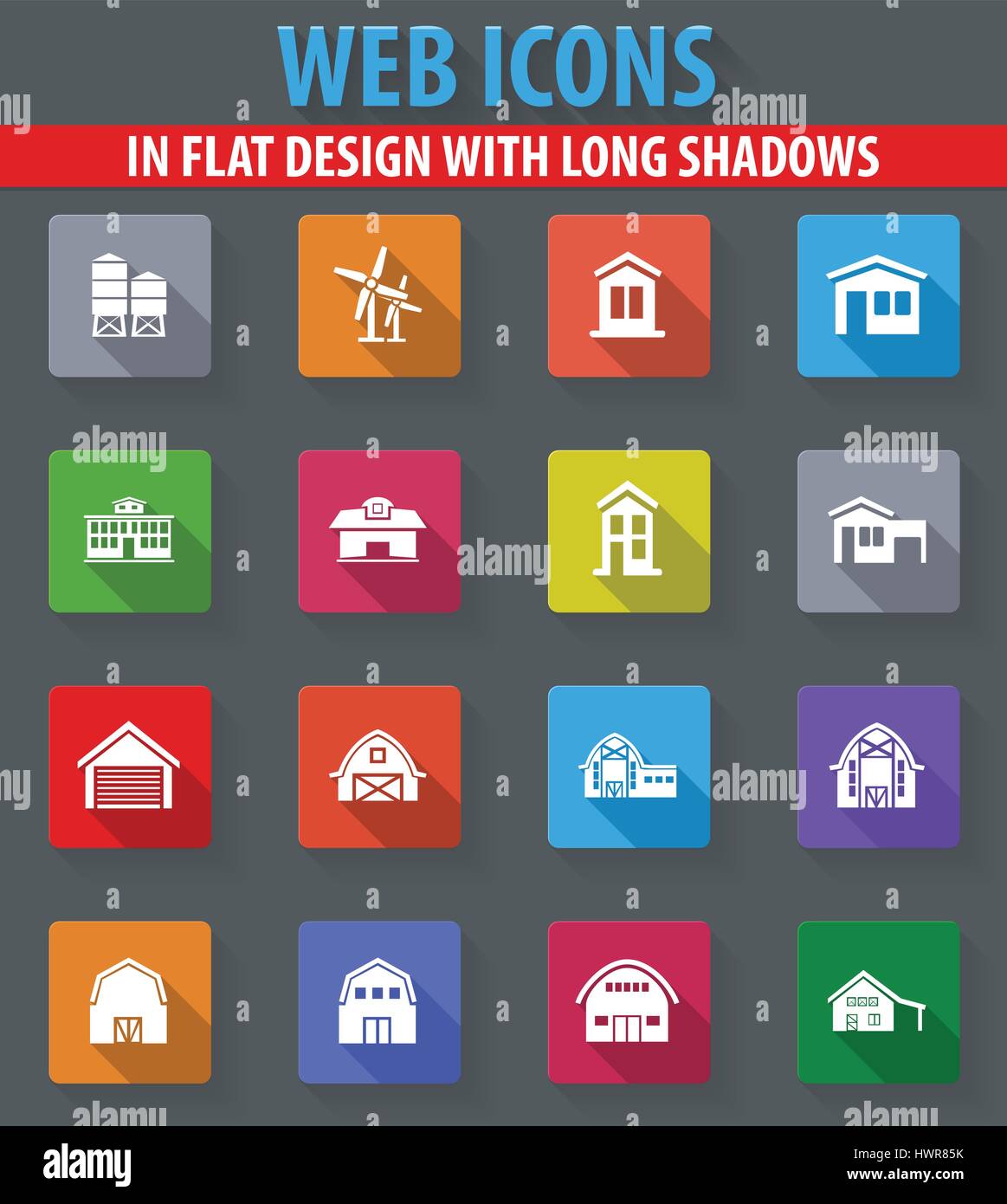 farm building web icons in flat design with long shadows Stock Vector ...