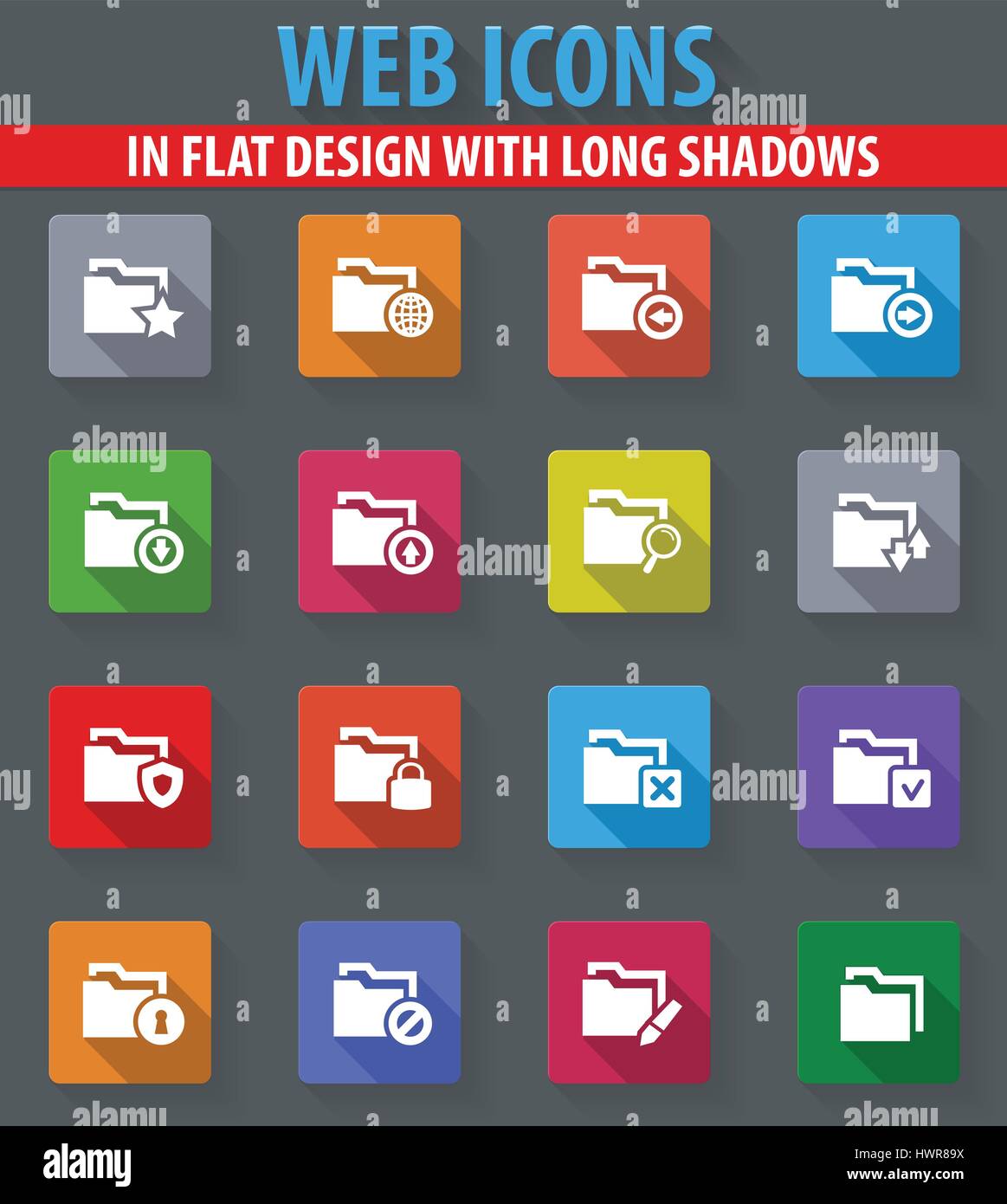 Folders web icons in flat design with long shadows Stock Vector Image ...