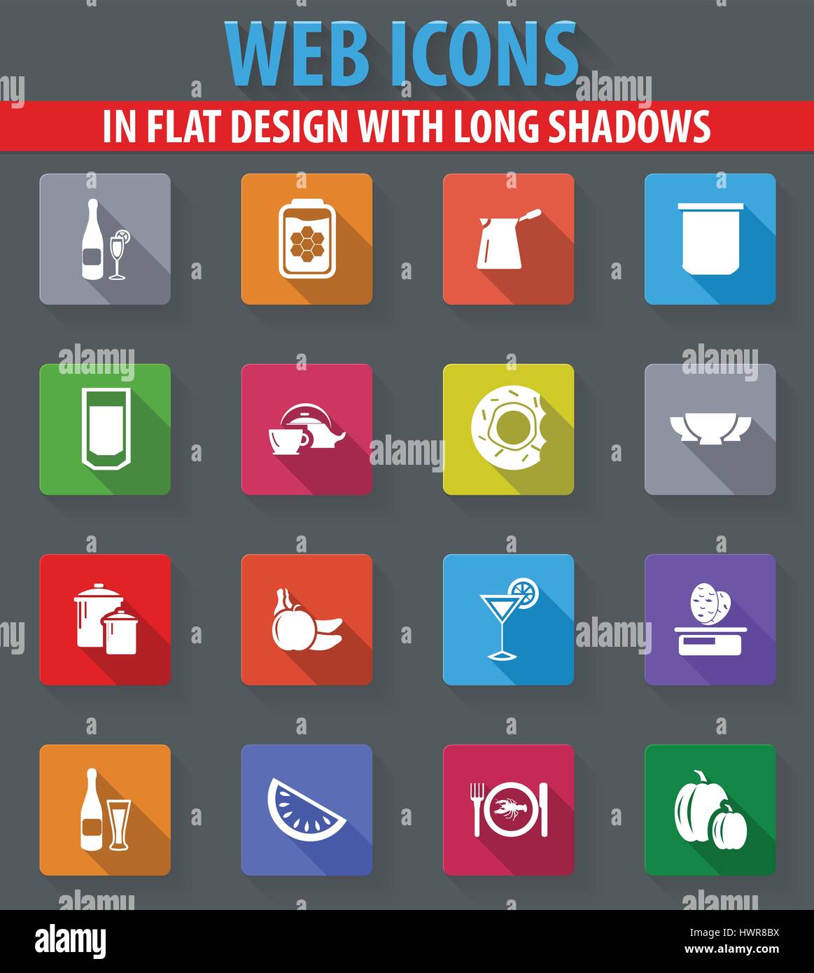 Food and kitchen web icons in flat design with long shadows Stock ...
