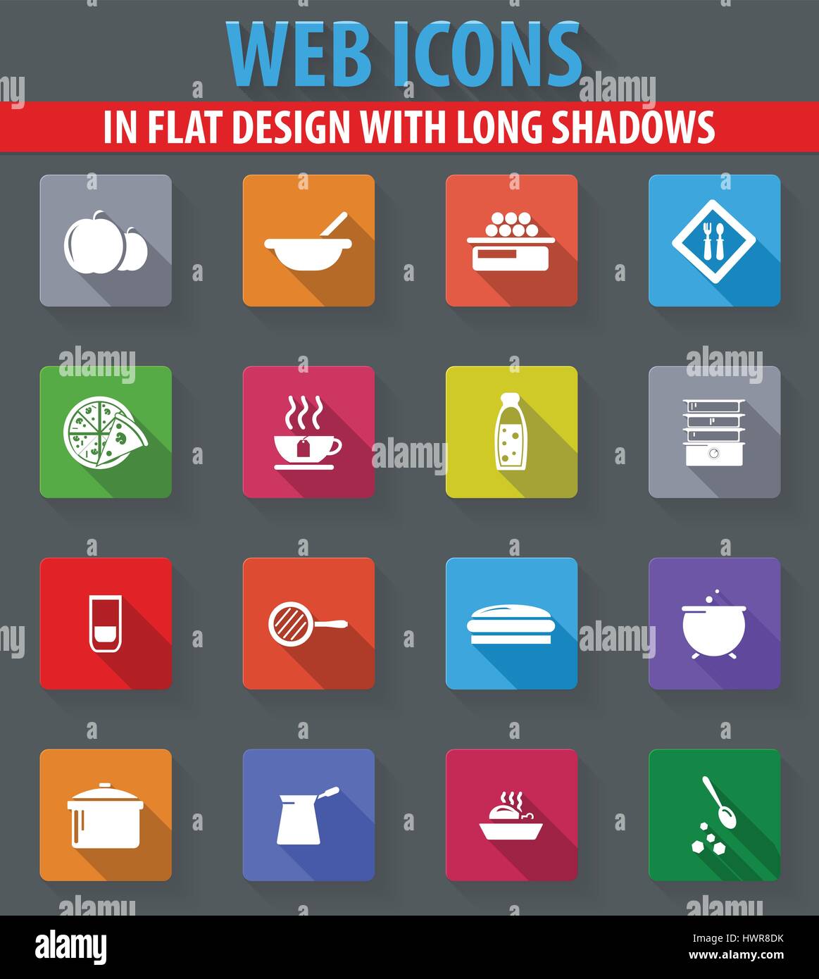 Food and kitchen web icons in flat design with long shadows Stock ...