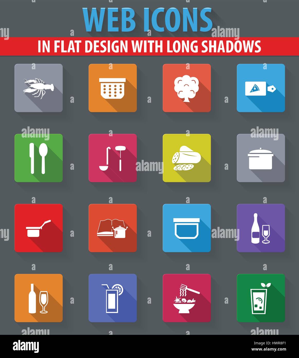 Food and kitchen web icons in flat design with long shadows Stock ...