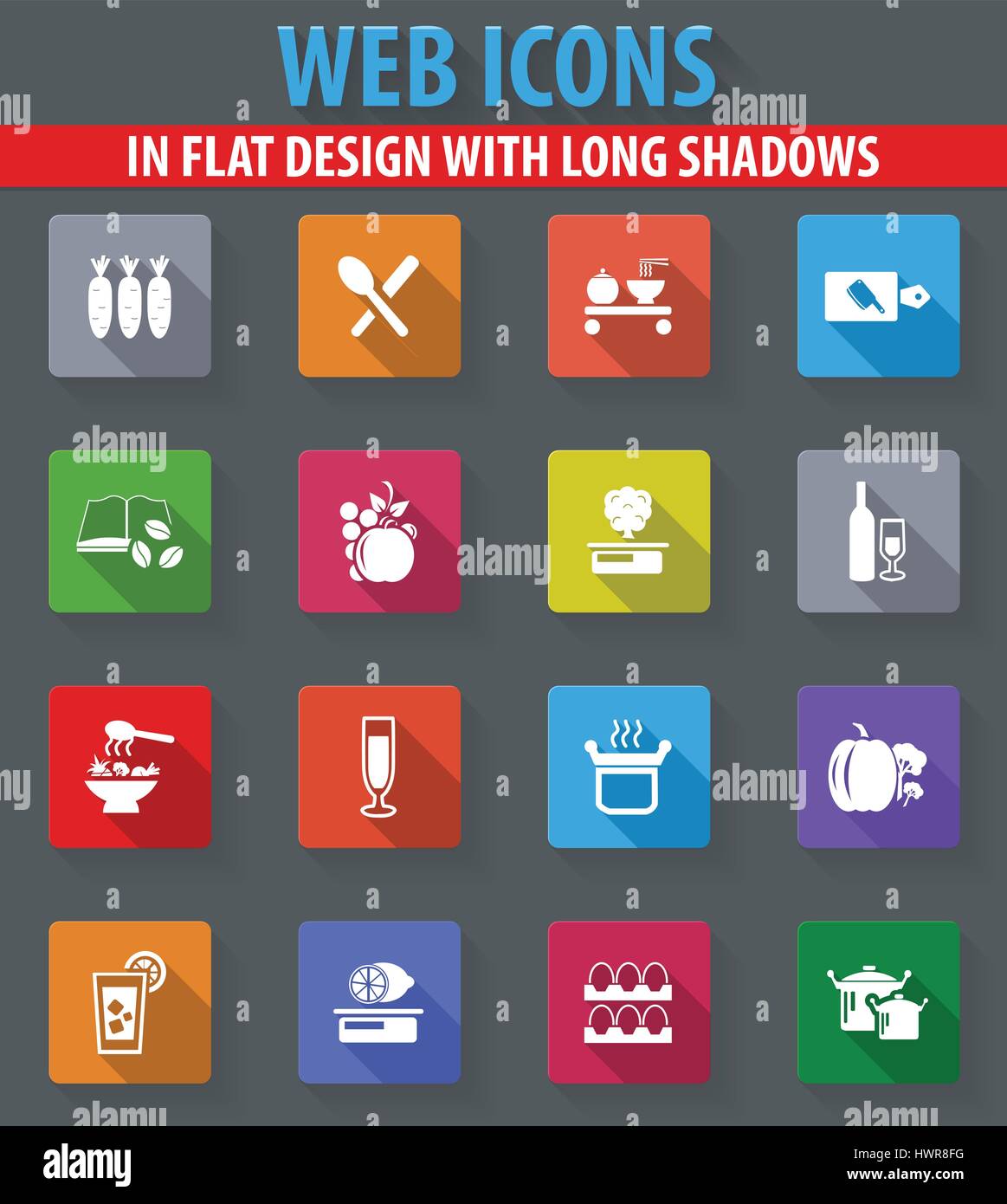 Food and kitchen web icons in flat design with long shadows Stock ...