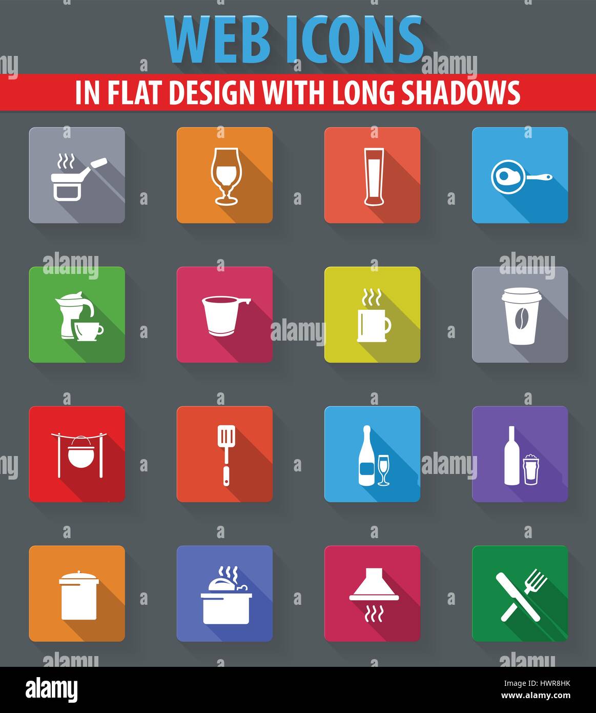 Food and kitchen web icons in flat design with long shadows Stock ...